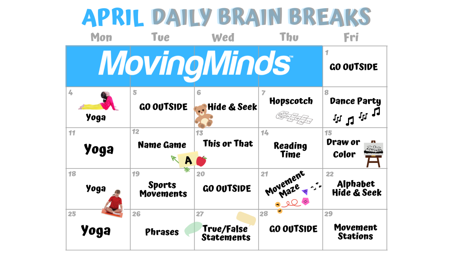 April Daily Brain Breaks Calendar | Moving Minds Blog