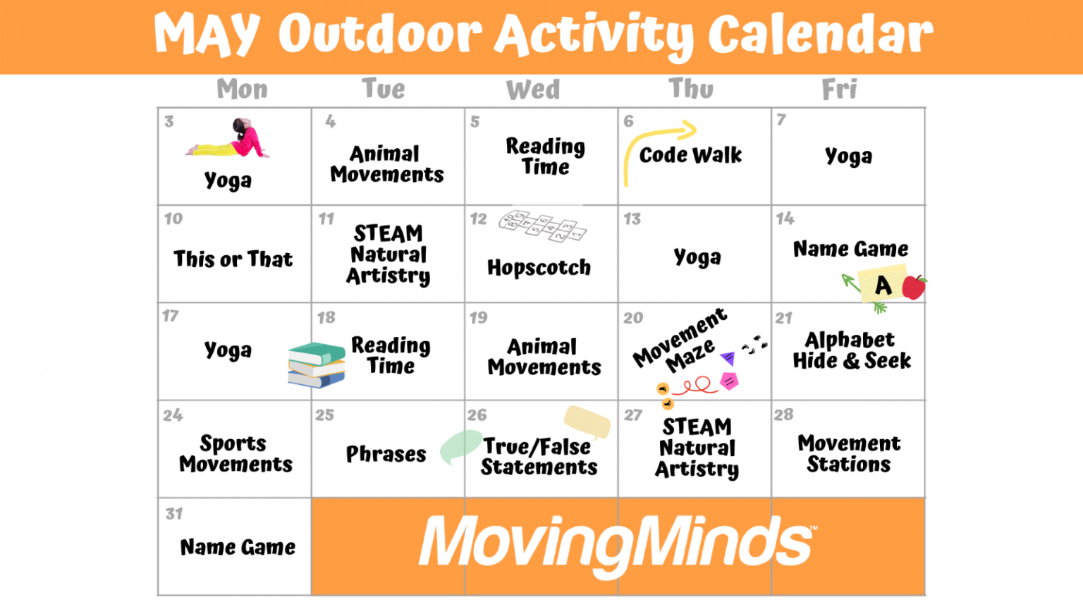 Outdoor Class Activity Calendar for May | Moving Minds Blog